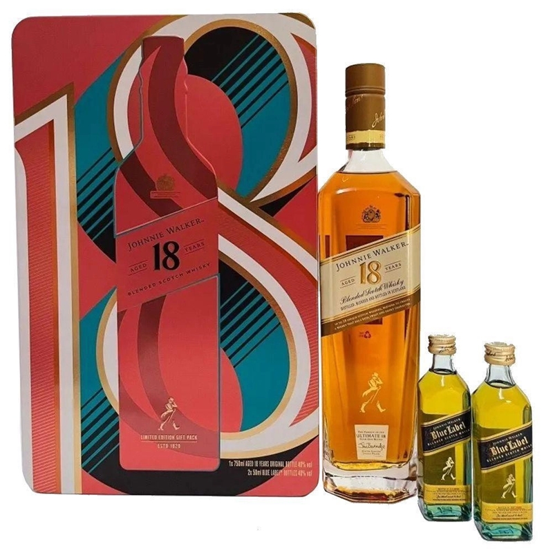 WHISKY JOHNNIE WALKER 18 ANOS KIT COM 2 MINIATURAS BLUE LABEL - WHISKY JOHNNIE WALKER 18 ANOS C ...